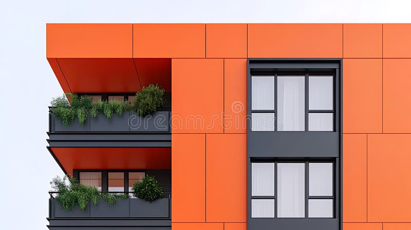 Modern Orange Apartment Building with Balconies and Greenery Stock ...