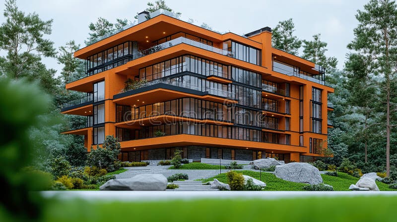 Modern Orange Apartment Building Exterior 3d Model Stock Photos - Free ...