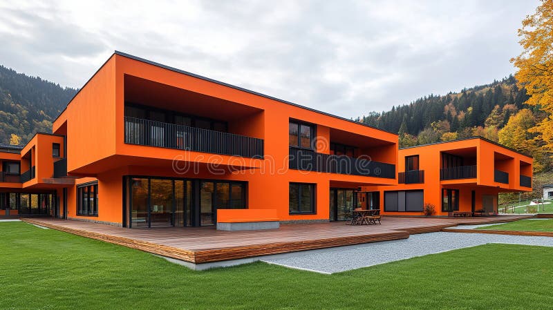 Modern Orange Apartment Building Nestled in a Valley Stock Illustration ...