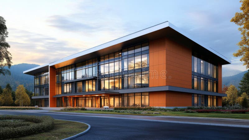 Modern Orange Brick Office Building at Sunset Stock Illustration ...