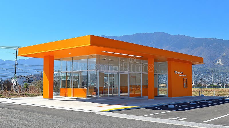 Modern Orange Bus Stop with Mountain Backdrop Stock Illustration ...
