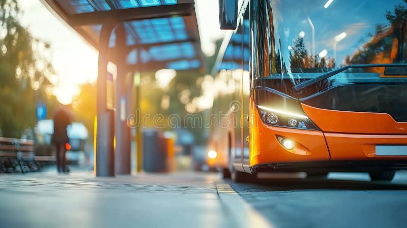 Modern Orange Bus at Urban Bus Stop during Sunset with Soft Bokeh ...