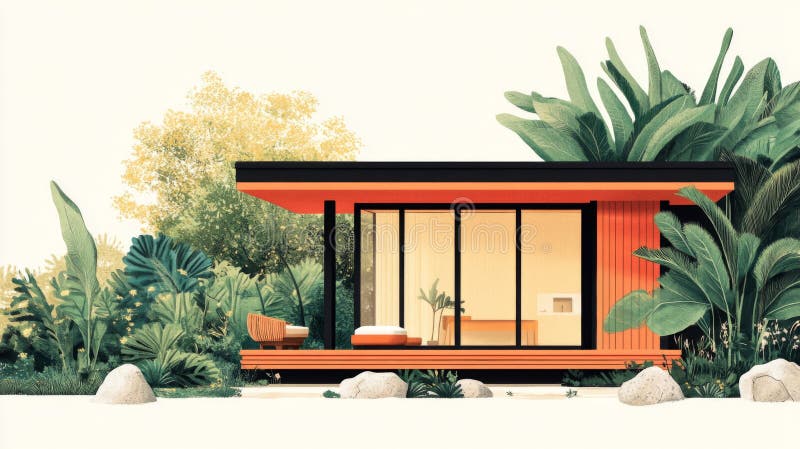 Modern Orange Cabin in Lush Tropical Landscape Stock Illustration ...
