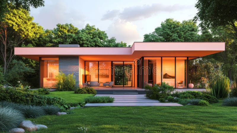 Modern Orange House with Glass Walls at Dusk Stock Illustration ...