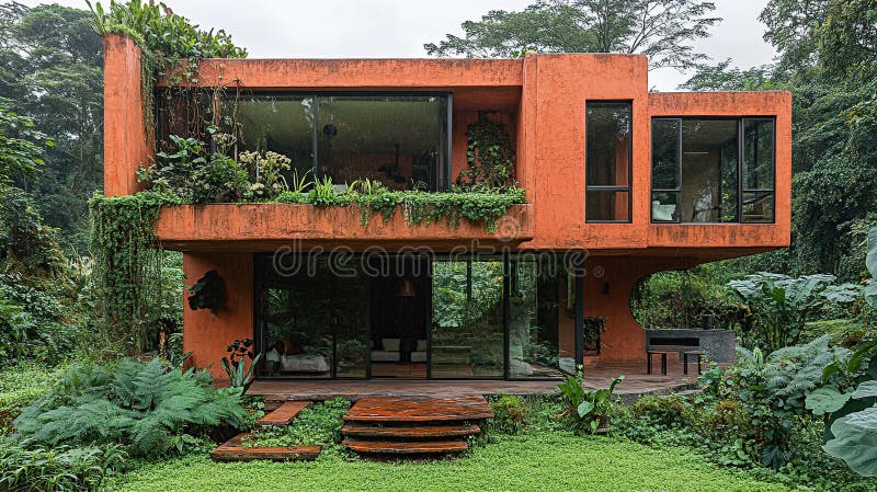 Modern Orange House Nestled in Lush Greenery Stock Illustration - Illustration of lush, property ...