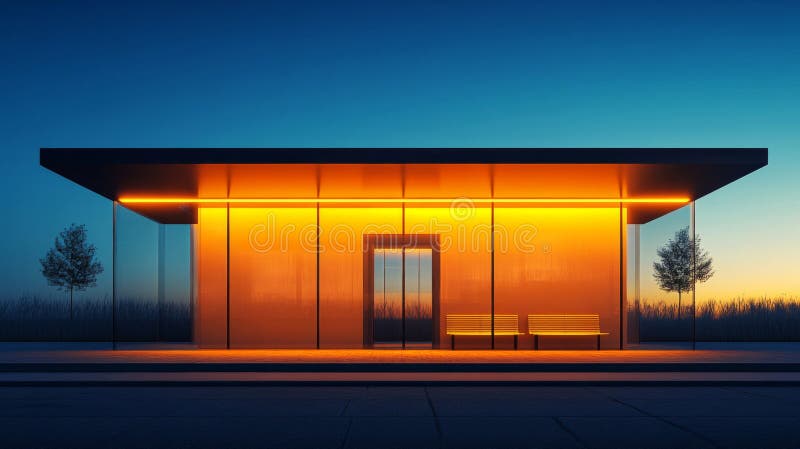 Modern Orange Illuminated Bus Stop at Twilight Stock Illustration ...