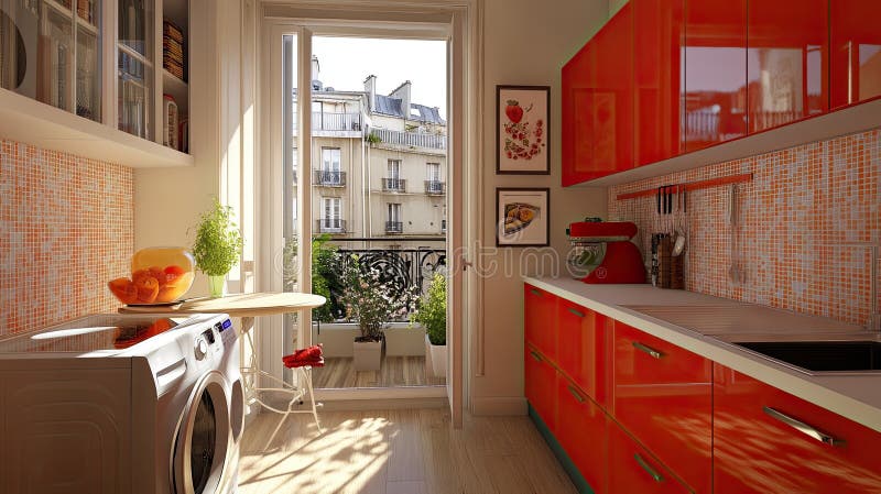 Modern Orange Kitchen Apartment Interior Design Stock Illustration ...