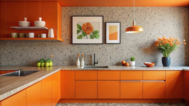 Modern Orange Kitchen Interior Design with Granite Backsplash and Wood ...