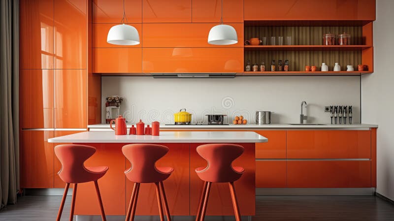 Modern Orange Kitchen Interior with Sleek Design and Chic Seating Stock ...