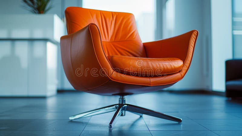 Modern Orange Leather Swivel Chair in a Stylish Indoor Setting. Stock ...