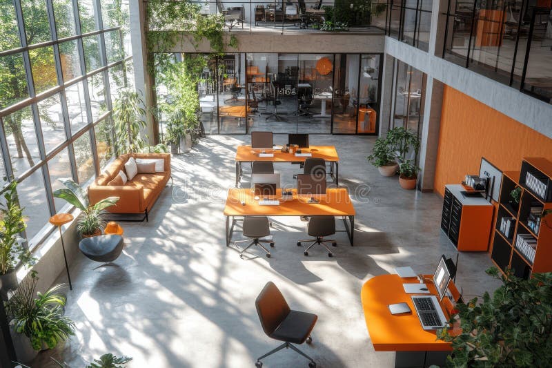 Modern Orange Office Sunlight Plants Workspace Design Stock ...