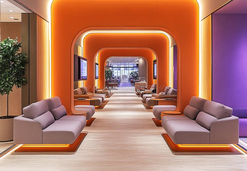 Modern Orange and Purple Lounge with Comfortable Seating and Screens ...