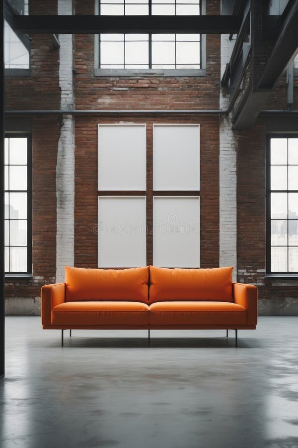 Modern Orange Sofa and Blank Frames in Industrial Loft Stock Photo ...