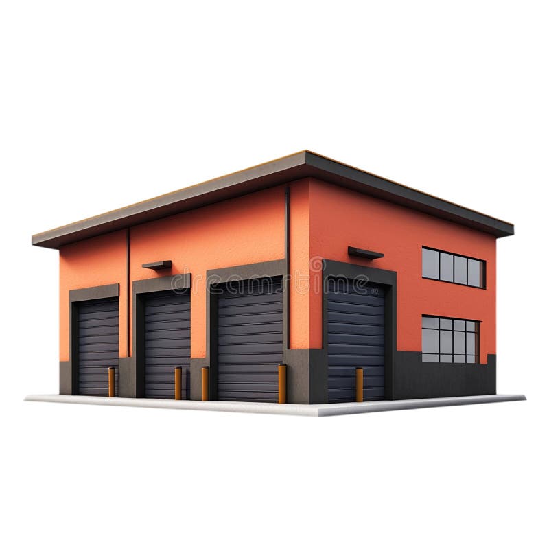Modern Orange Warehouse Building Three Garage Doors 3d Model Image ...