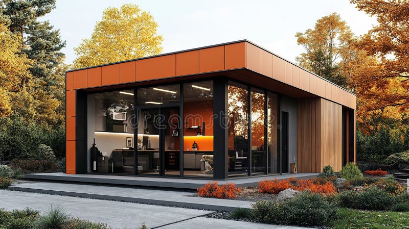 Modern Orange and Wood Cube House in Autumnal Setting Stock ...