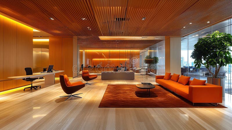 Modern Orange and Wood Lobby Interior with Comfortable Seating ...