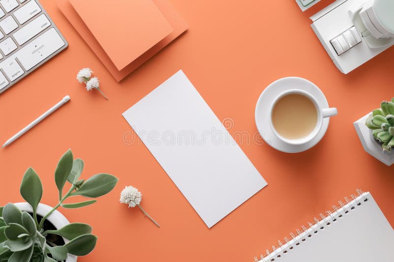 Modern Orange Workspace with Coffee, Keyboard, and Office Supplies ...