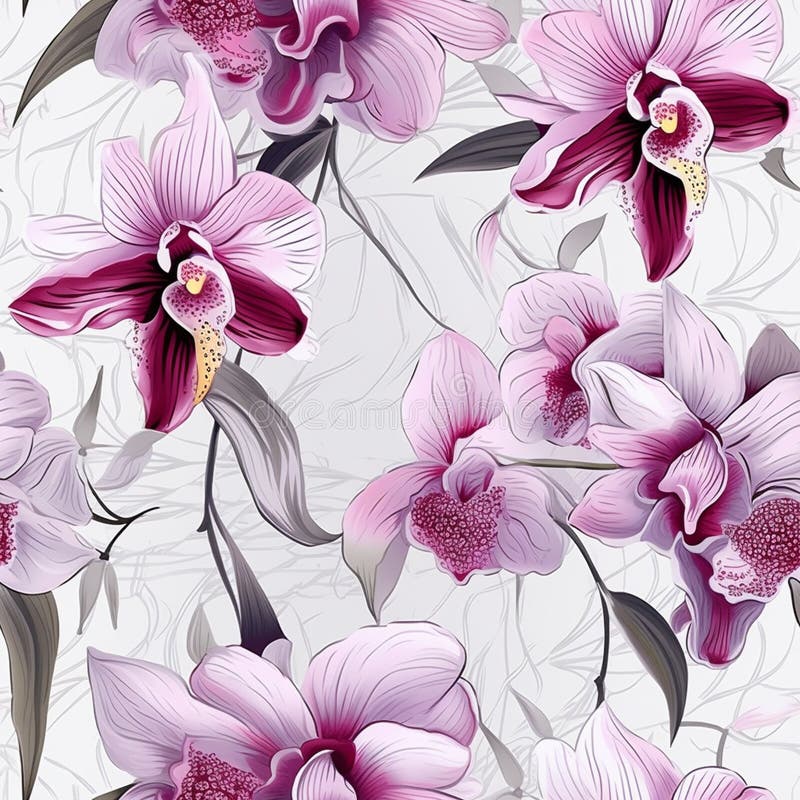 Modern Orchid Seamless Pattern with Purple, Orange and Green Colors ...