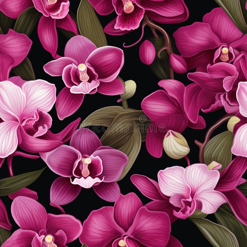 Modern Orchid Seamless Pattern with Purple, Orange and Green Colors ...