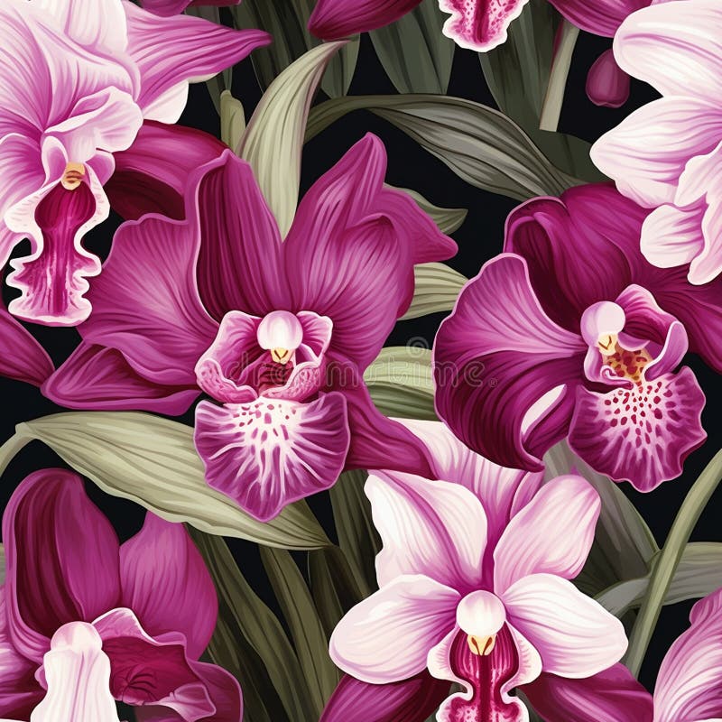 Modern Orchid Seamless Pattern with Purple, Orange and Green Colors ...