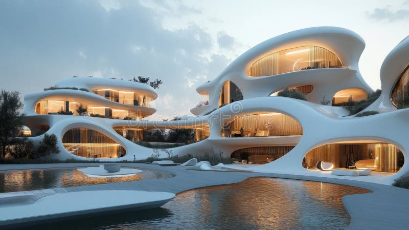 Modern Organic Architecture at Dusk: White Curvilinear Building with ...