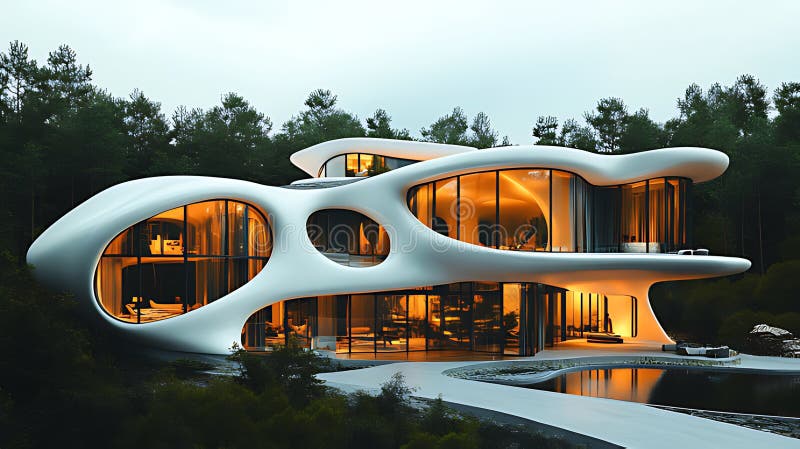 Modern, Organic Architecture Home at Dusk Stock Illustration ...