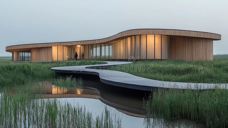 Modern, Organic Building with a Flowing Path through a Tranquil Marsh ...