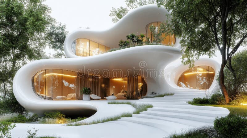 Modern Organic House Design with Fluid White Curves and Lush Greenery ...