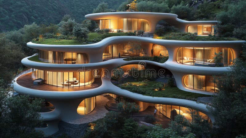 Modern Organic House Design in Lush Forest Setting Stock Illustration ...