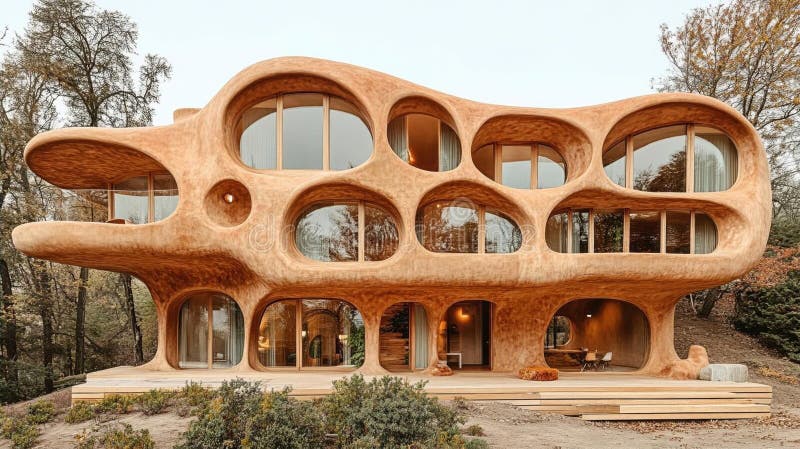 Modern Organic House with Terracotta Walls and Rounded Windows Stock ...
