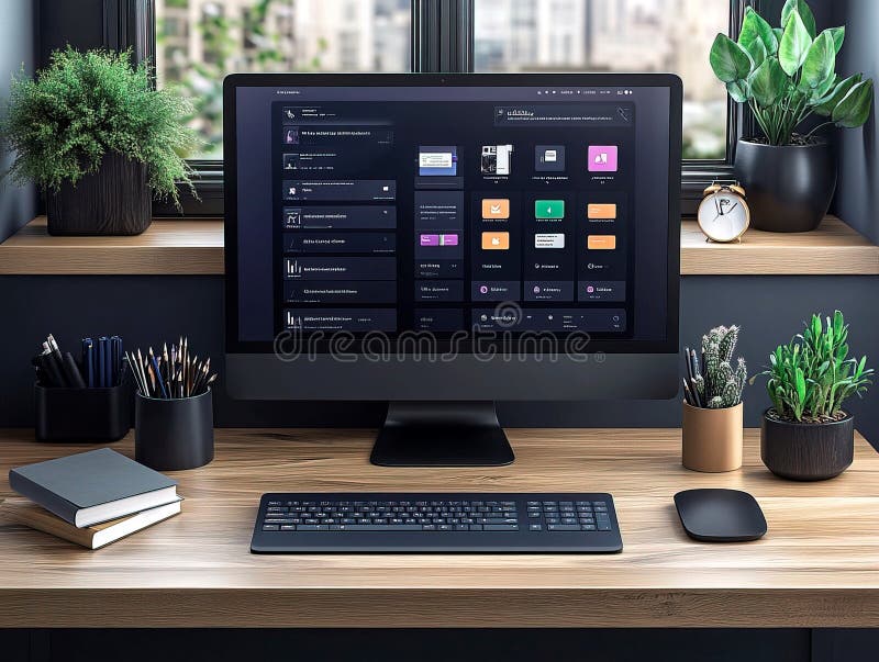 A Modern, Organized Computer Workstation with a Muted Screen Displaying ...