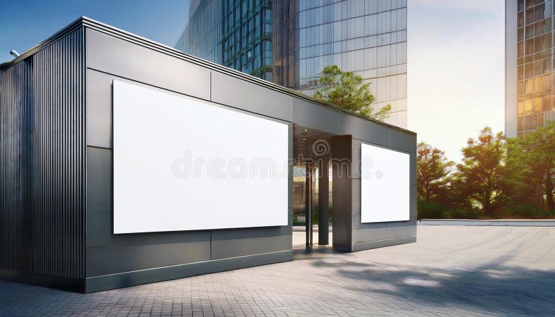 Modern Outdoor Building with Large Blank Posters. 3D Rendering Stock ...