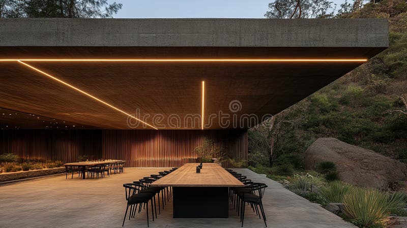 Modern Outdoor Dining Pavilion, Hillside Setting, Evening Ambiance ...