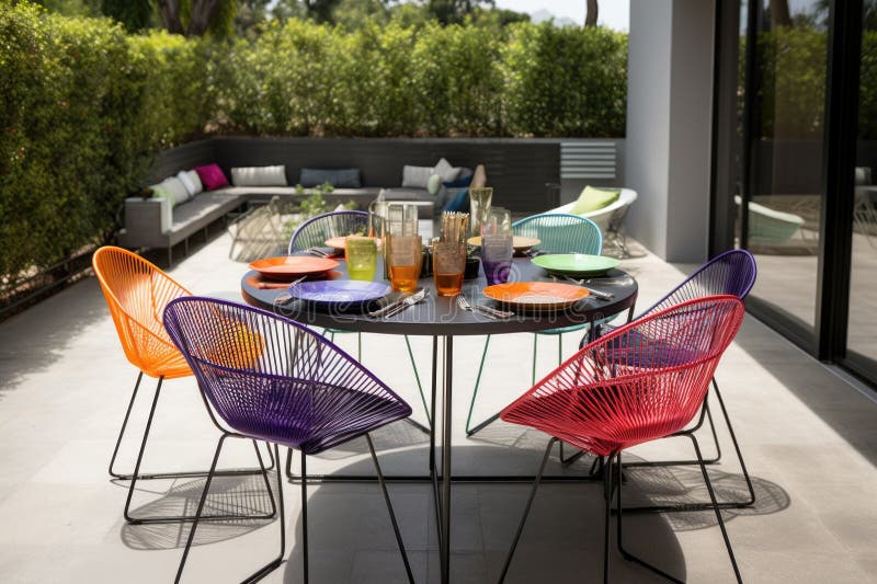 Modern Outdoor Dining Set with Sleek Chairs and Colorful Plates Stock ...