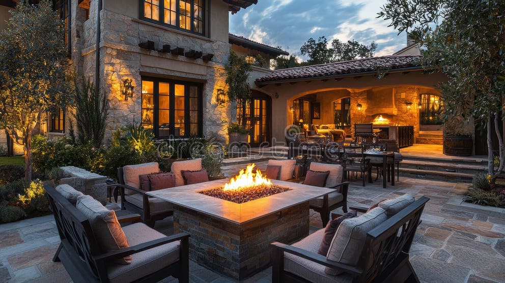 Cozy Outdoor Dining with Modern Fire Pit on Stone Patio for Evening ...