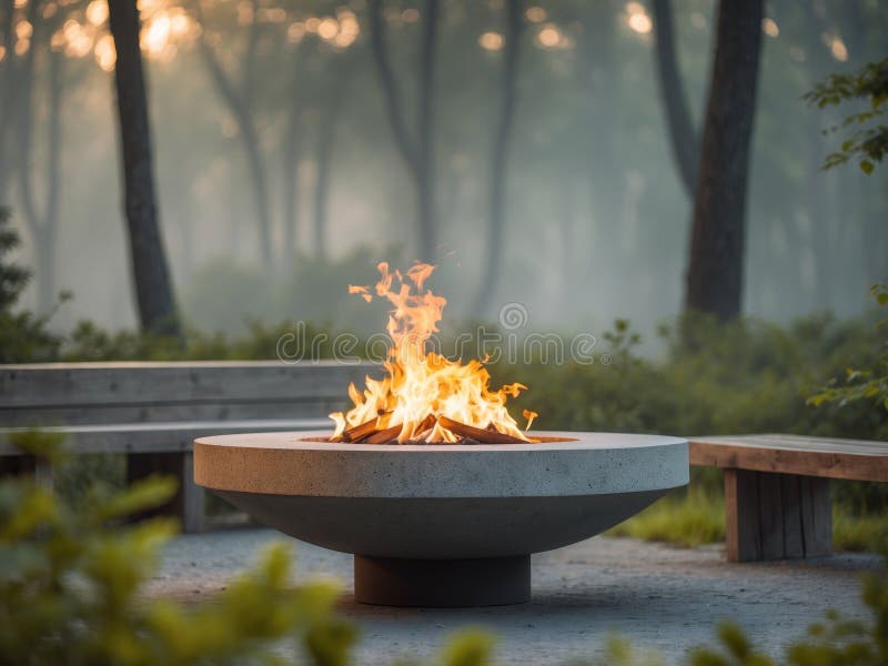 Modern Outdoor Fire Pit Radiating Warmth and Hazy Ambiance in Nature ...