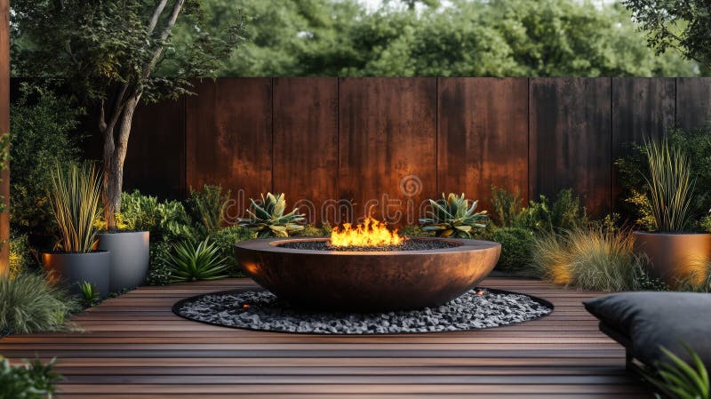 Modern Outdoor Fire Pit Surrounded by Lush Greenery and Rustic Elements ...