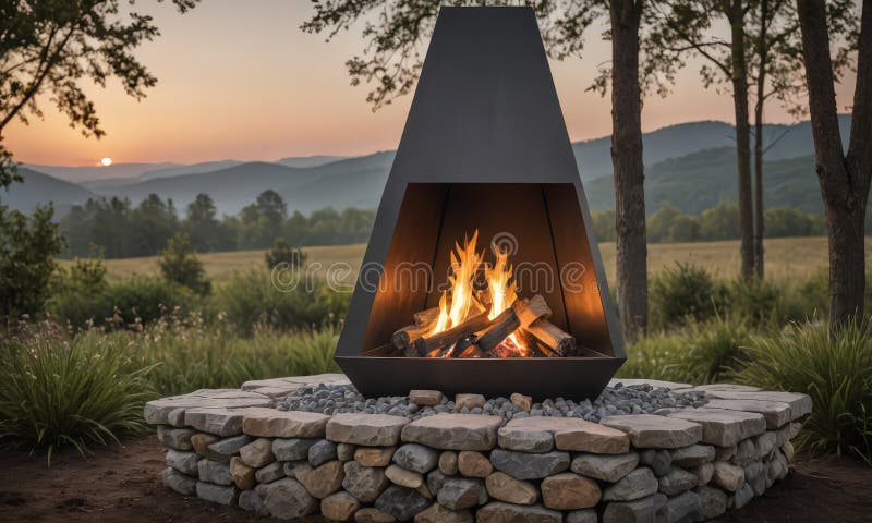 Modern Outdoor Fireplace with Fire Burning Inside is Situated in Serene ...