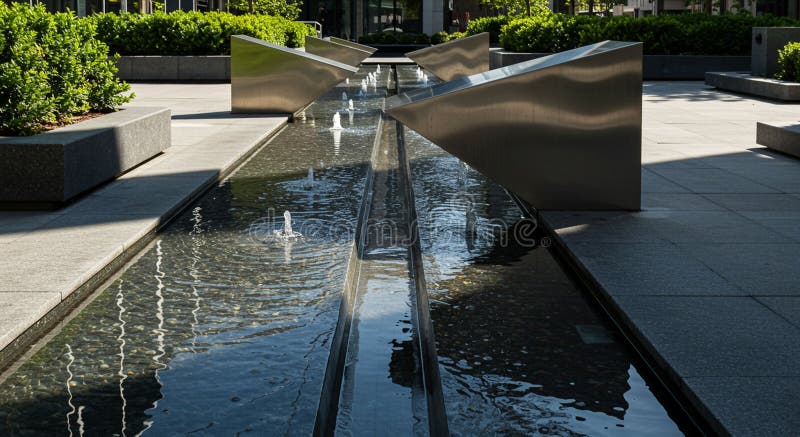 Modern Outdoor Fountain with Angular, Metallic Structures Along a ...