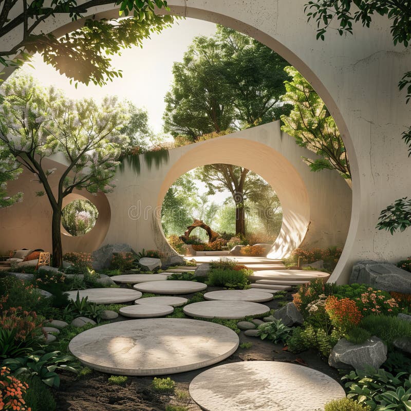 Modern Outdoor Garden with Circular Architecture and Lush Greenery ...