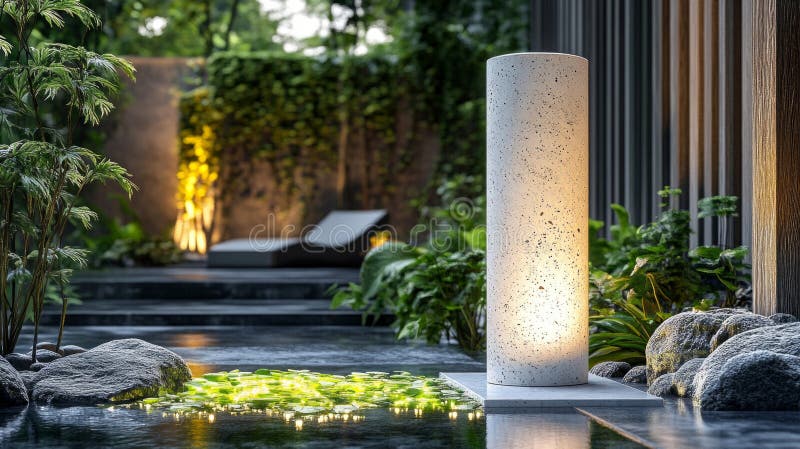 Modern Outdoor Garden Design with Illuminated Stone Pillar Stock ...