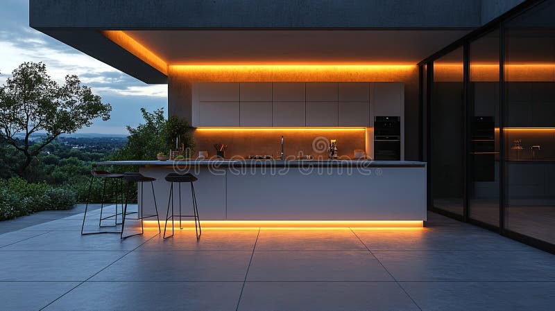 Modern Outdoor Kitchen with Ambient Lighting Stock Illustration ...