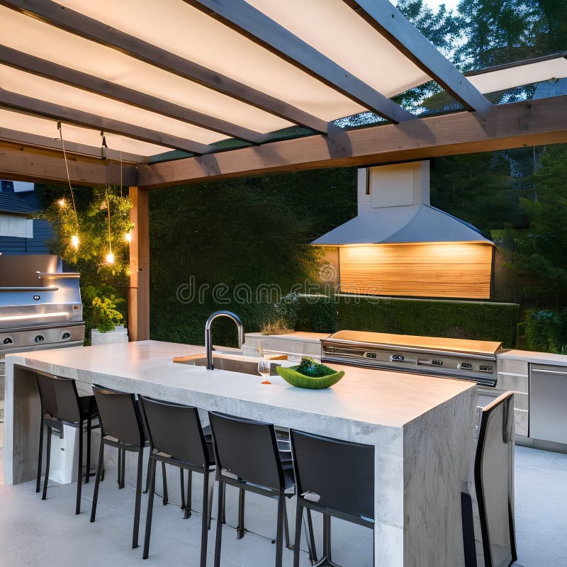 A Modern Outdoor Kitchen with a Built-in Grill, a Spacious Countertop ...