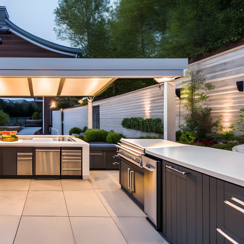 A Modern Outdoor Kitchen with a Built-in Grill, a Spacious Countertop ...