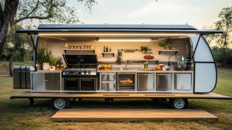 A Modern Outdoor Kitchen Setup in a Trailer, Designed for Cooking and ...