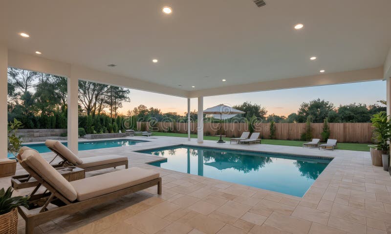 Modern Outdoor Living Space Features Rectangular Pool with Sun Umbrella ...