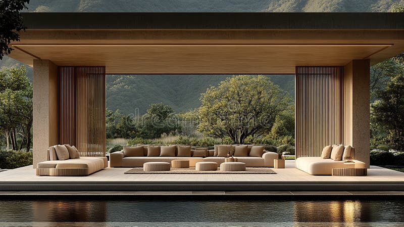 Modern Outdoor Lounge Area with Mountain Views Stock Illustration ...