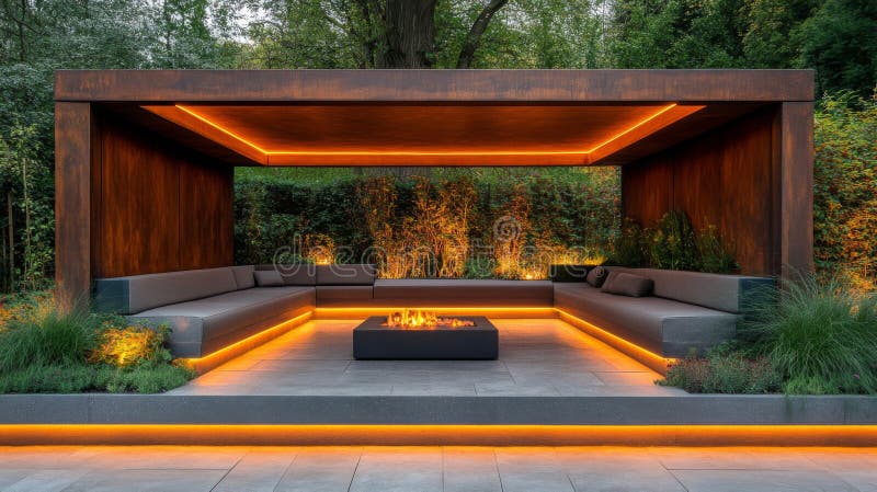 Modern Outdoor Lounge with Rust Metal Pergola and Fire Pit Stock ...