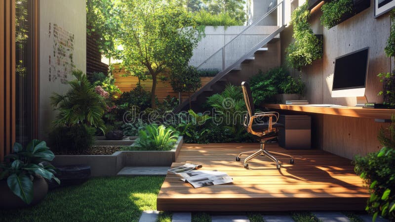 Modern Outdoor Office with Lush Greenery and Sunlight Stock ...