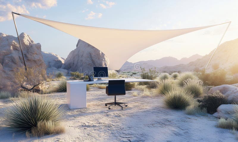 Modern Outdoor Office Setup in Desert Landscape with Computer and Chair ...